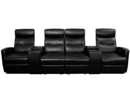 Preston Black Bonded Leather 4 Seat Home Theater Seating in a Straight ...