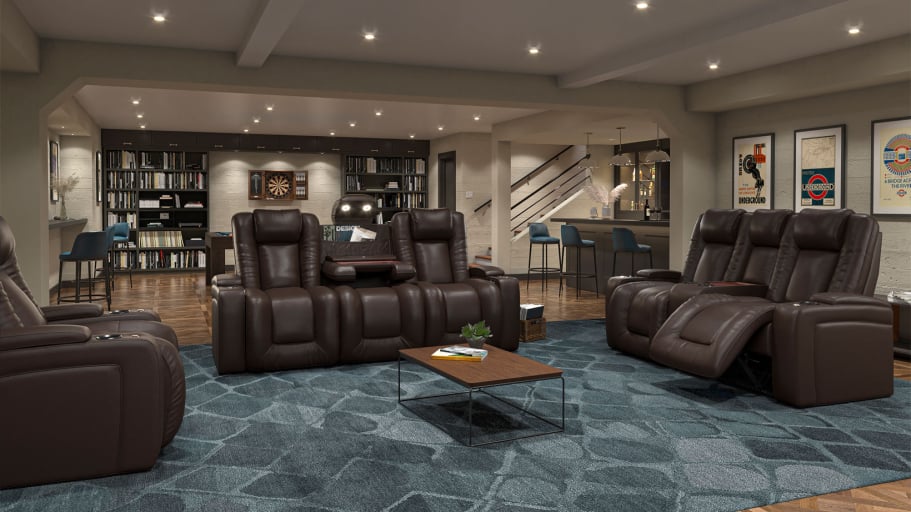 Octane Seating Force HR Max Sofa with Drop Down Table Brown Leather Home Theater Seating Big Tall Power Recline TheaterSeatStore in Sofa Rows